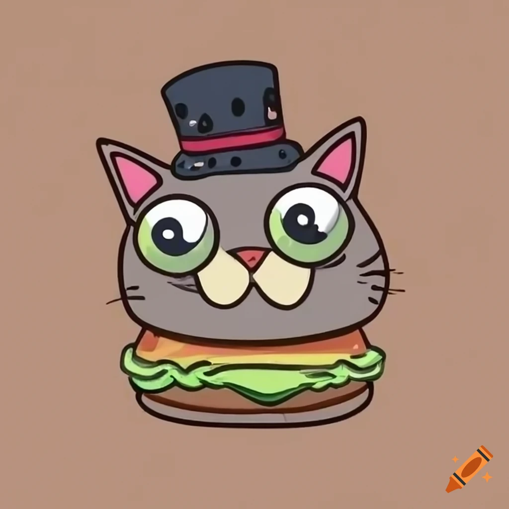 Burger cat with pickle eyes and burger hat on Craiyon
