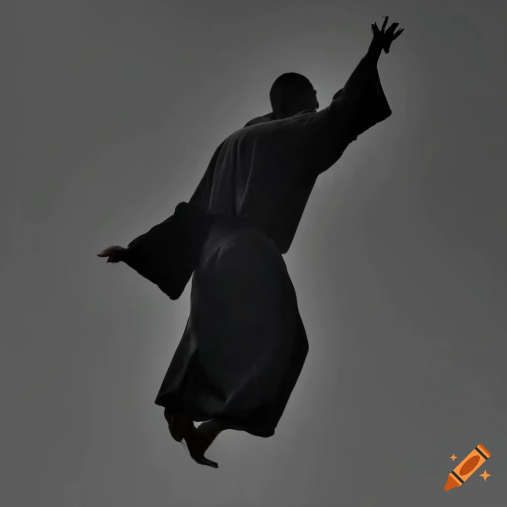 Silhouette of a jumping catholic monk in a black robe on Craiyon