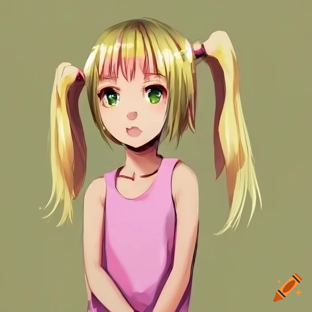 Anime Girl With Blonde Hair Green Eyes And Pink Sleeveless T Shirt Arms Crossed On Craiyon