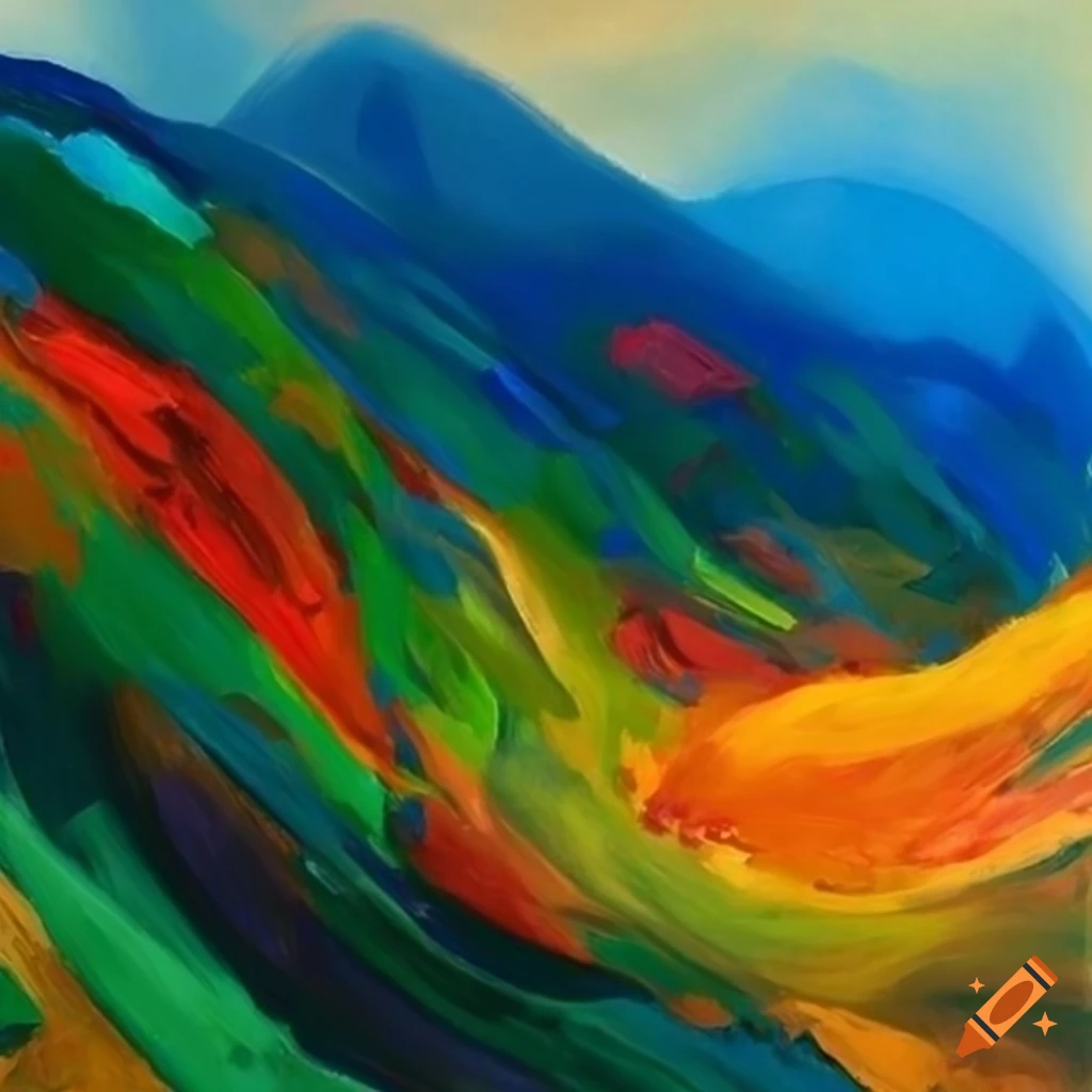 Winding river through a valley in bright expressionist colors on Craiyon