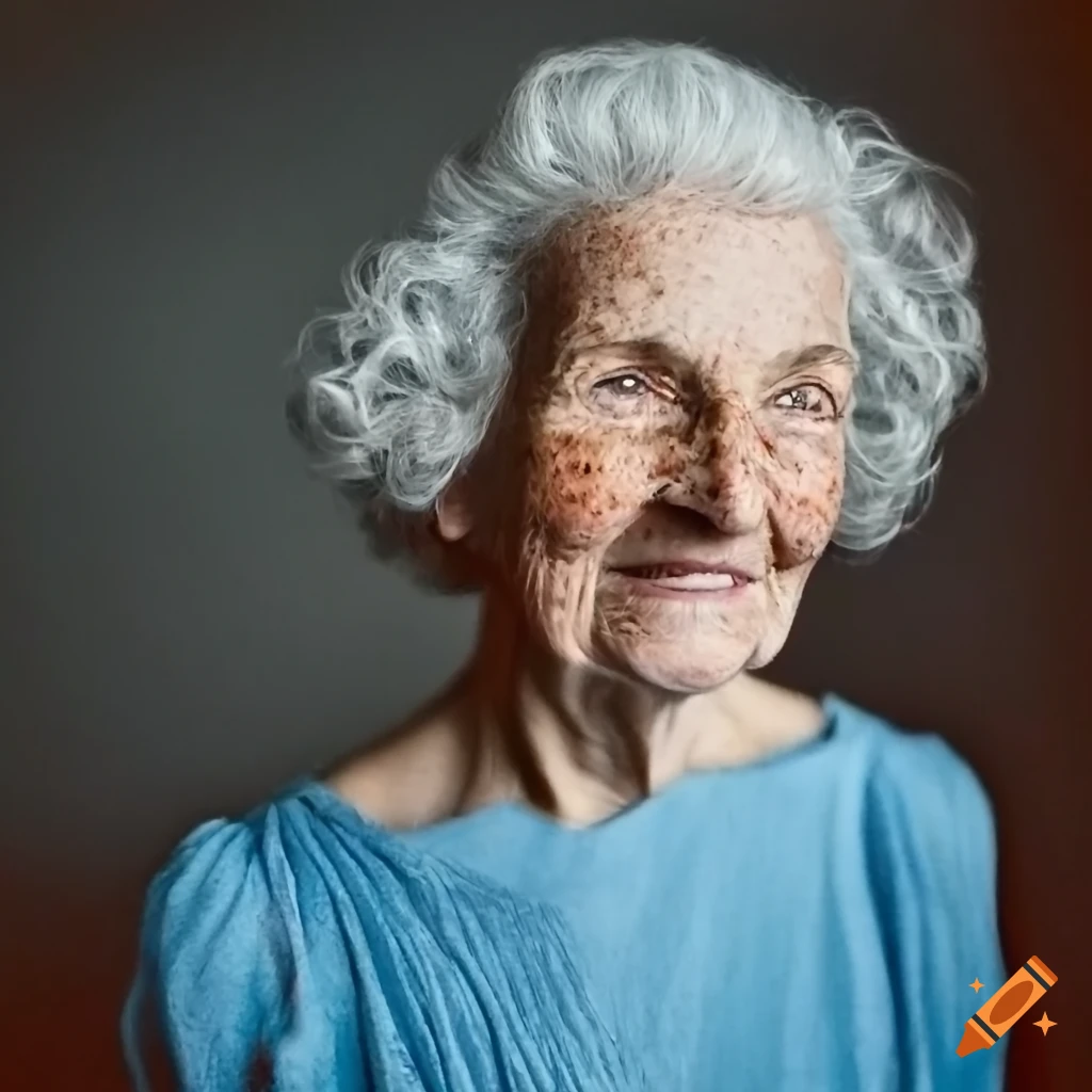 Smiling grandma with grey hair and freckles in a blue dress on Craiyon