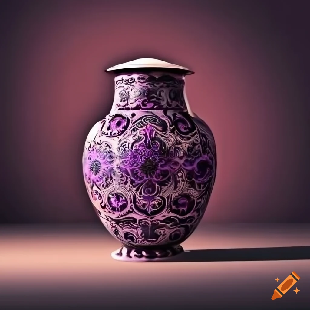 Intricate antique Chinese urn with purple and black mandala patterns in ...