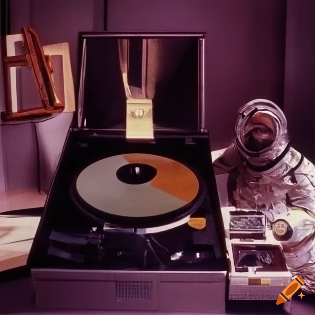 NASA scientists in hazmat suits with a triangle-shaped golden LP in a ...