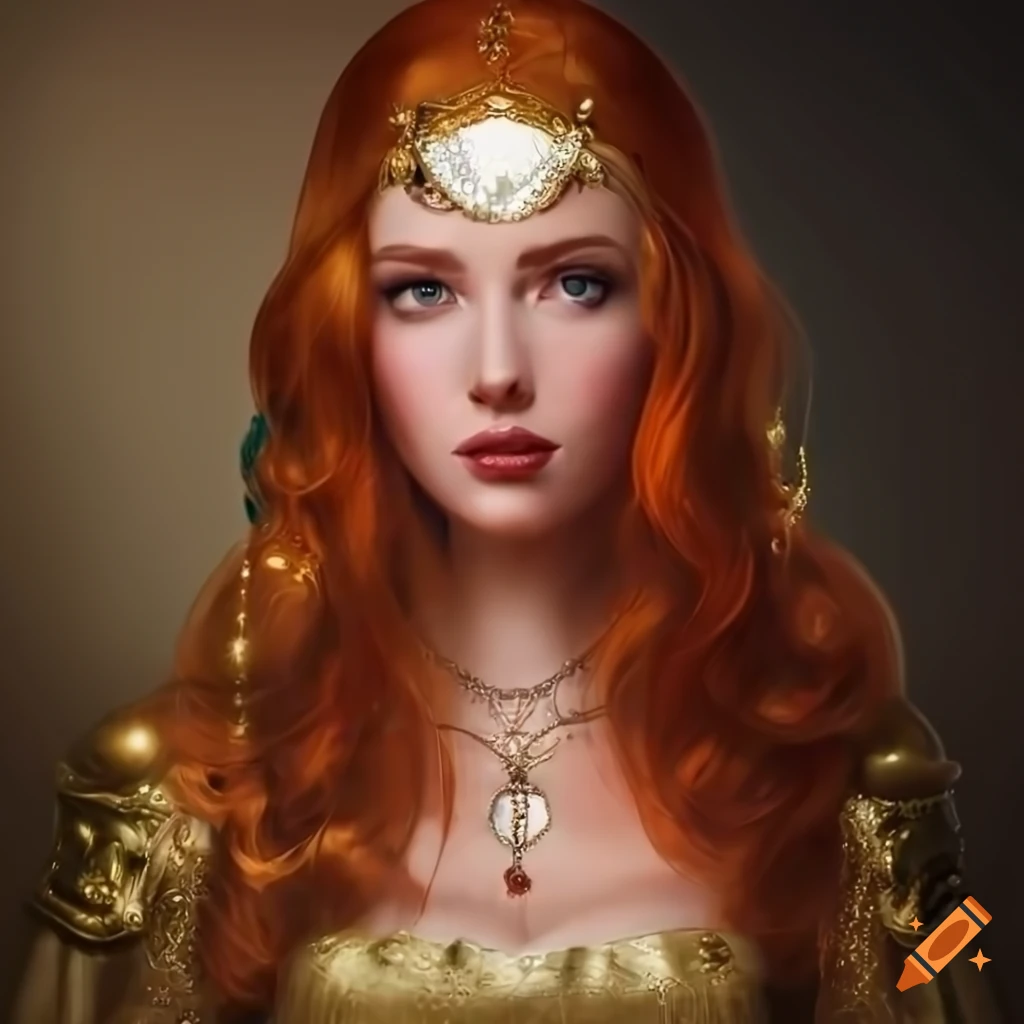 Red-haired medieval princess in a golden gown and jewels with green ...