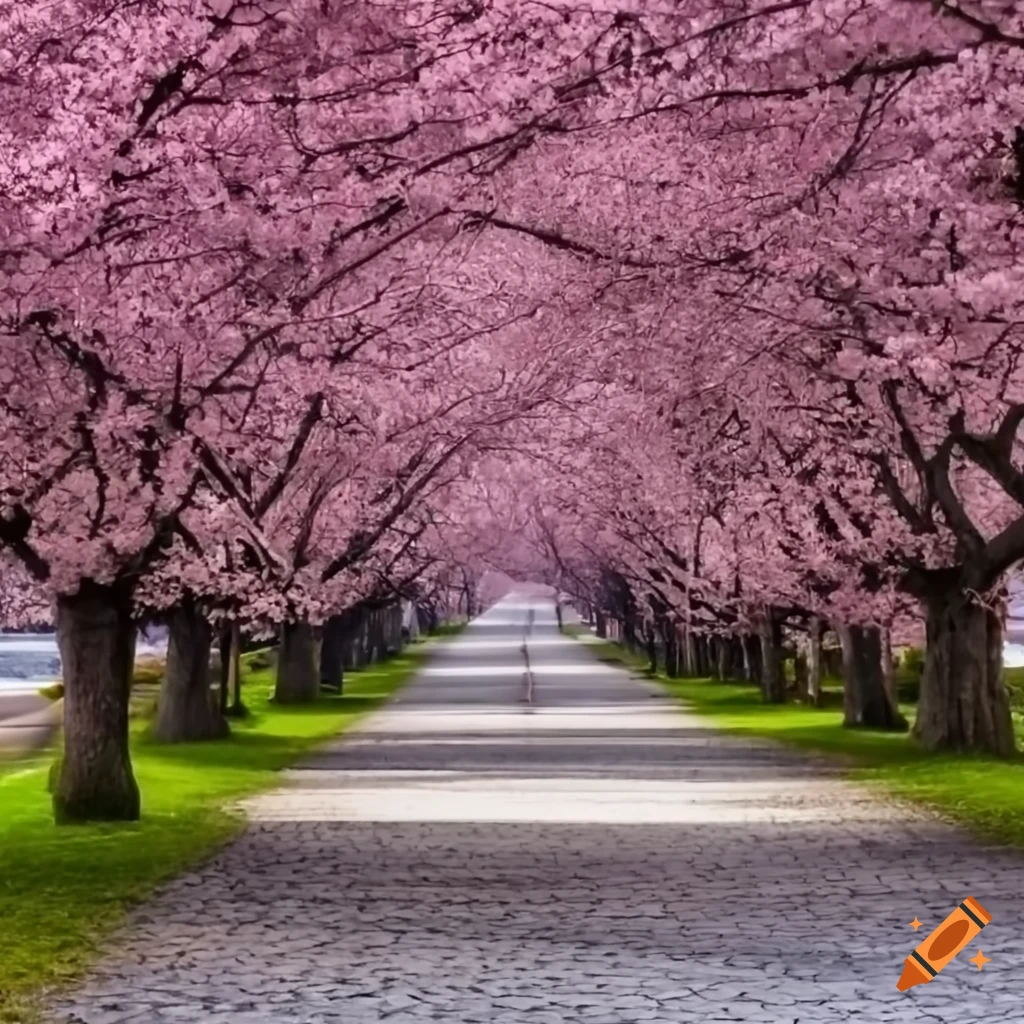 Sakura trees in bloom along a path with a big sideview on Craiyon