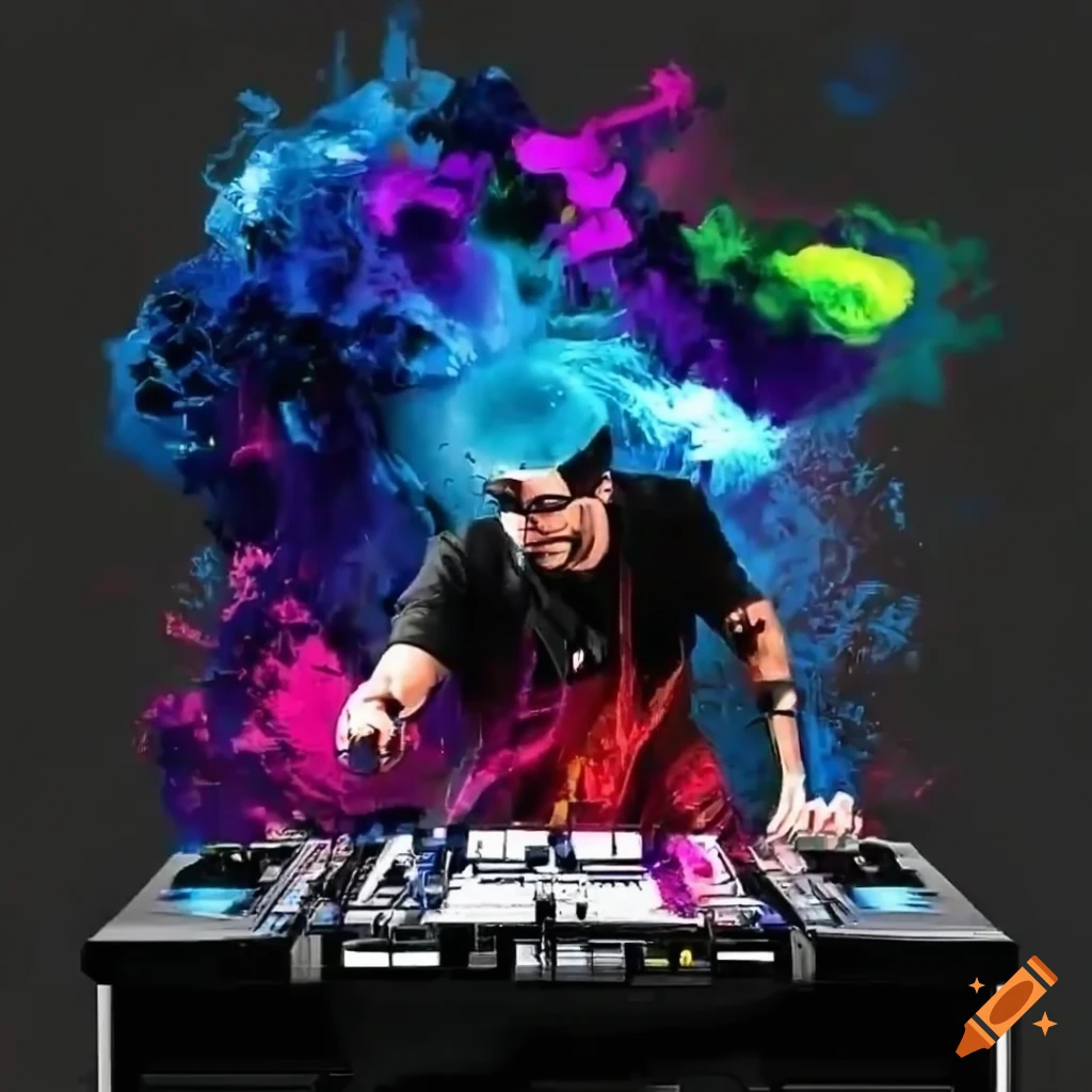 Dj playing on colorful decks with vibrant paint splashes on Craiyon