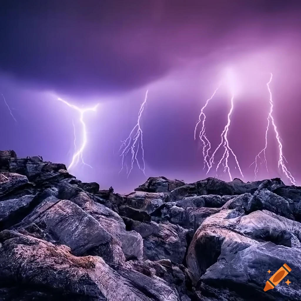 Ominous lightning on jagged grey rocks in a dramatic landscape on Craiyon