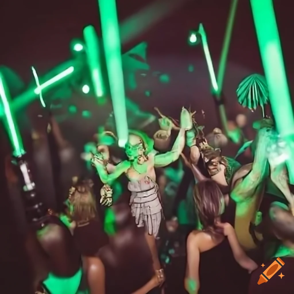 Star Wars-themed rave party with fans waving glowing lightsabers on Craiyon