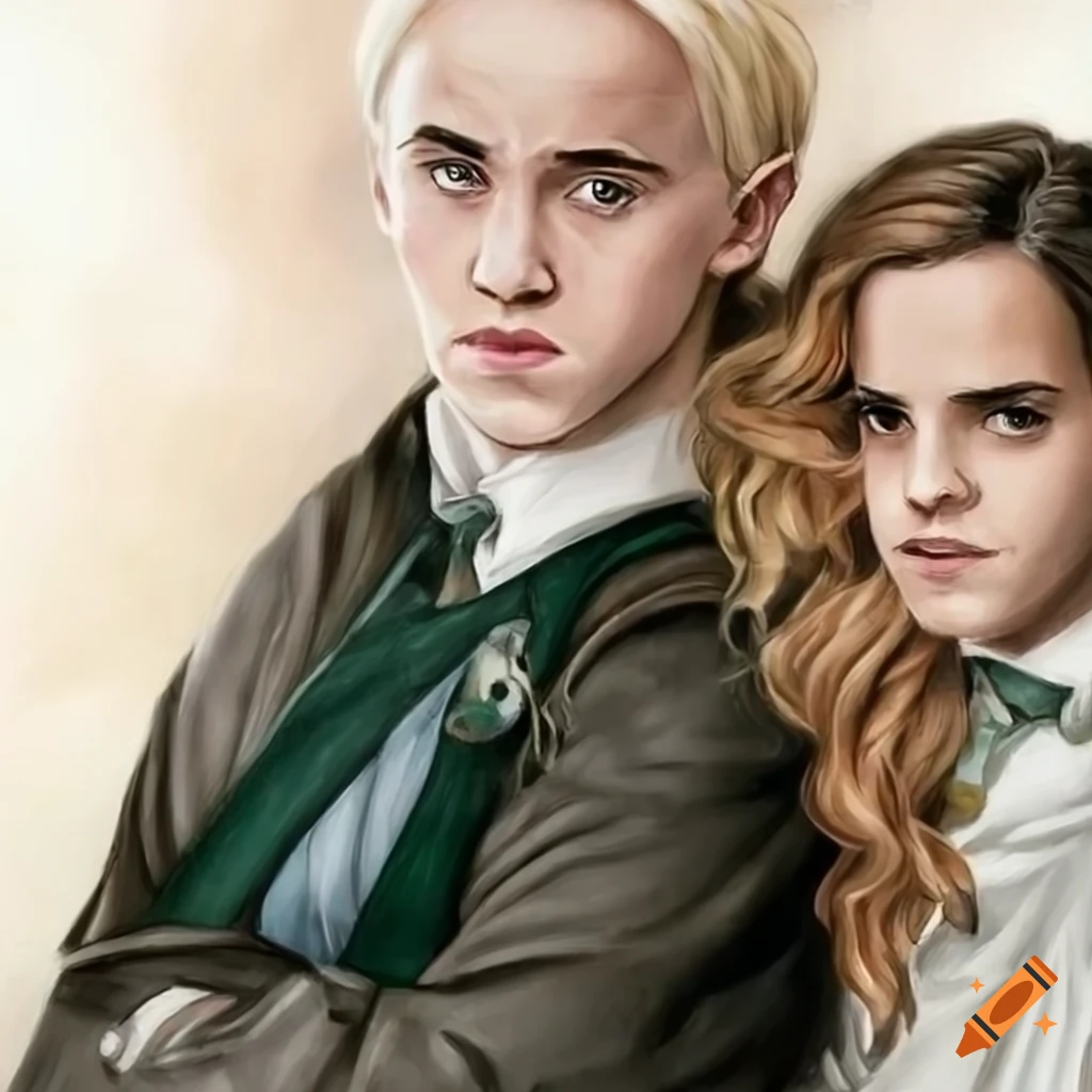 Pencil drawing of Draco Malfoy and Hermione Granger embracing on Craiyon