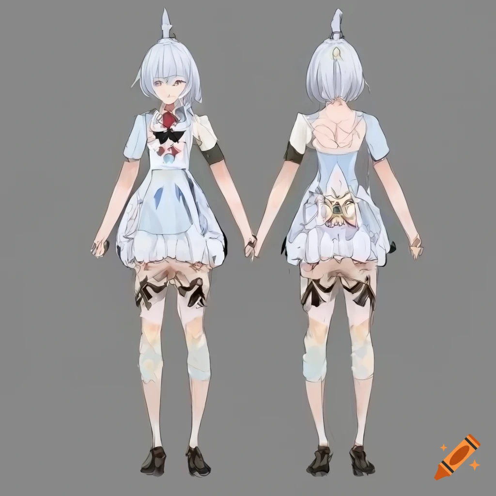 Full-body character design sheet of a woman with short white hair in ...