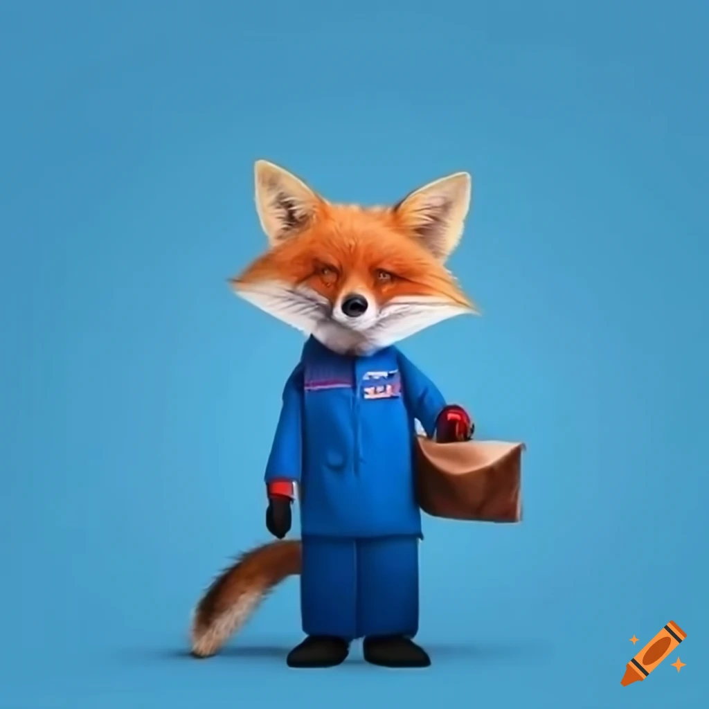 Funny fox in a blue mailman uniform with a mail bag on Craiyon