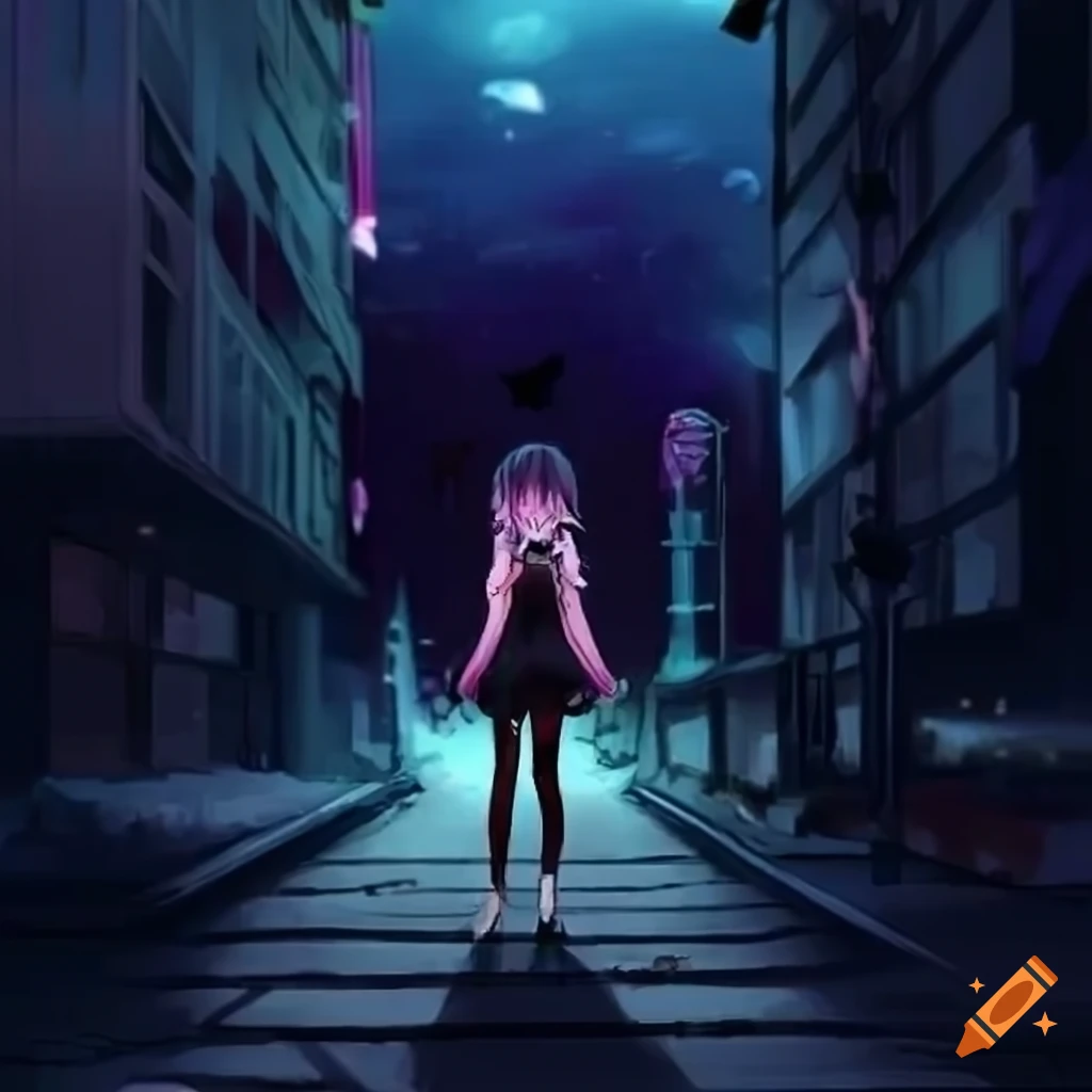 Anime girl taking a nighttime stroll on Craiyon