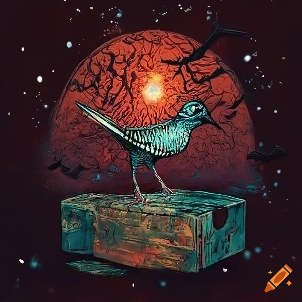 Mysterious bird on distressed package box in cosmic horror art style by ...