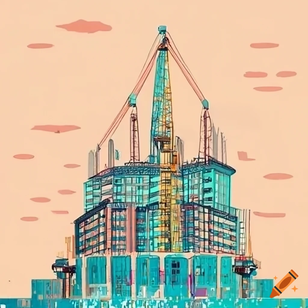 City of endless construction with cranes, scaffolds, and workers in ...