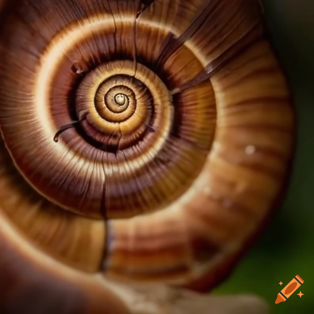 Close-up of a garden snail's intricate spiraled shell on Craiyon