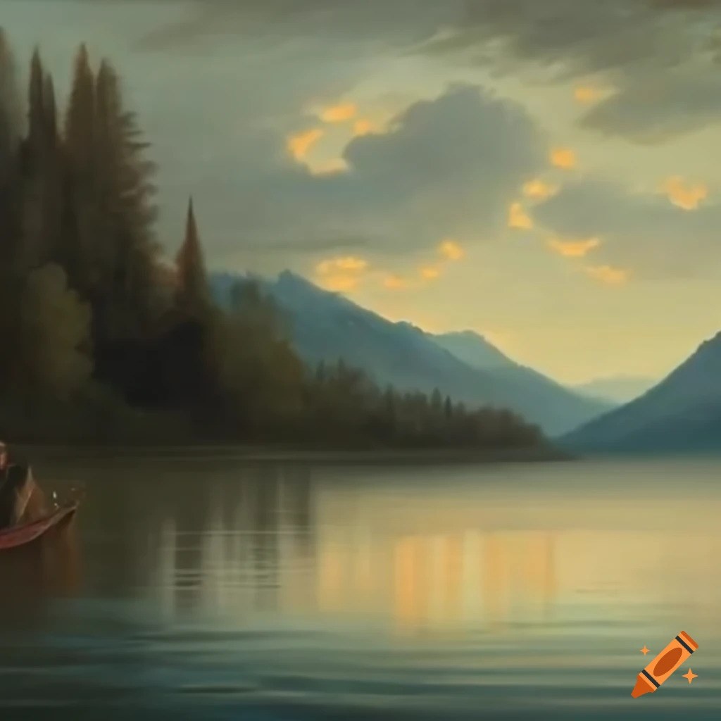 Ominous lake scene with rowing boat surrounded by mountains in summer ...