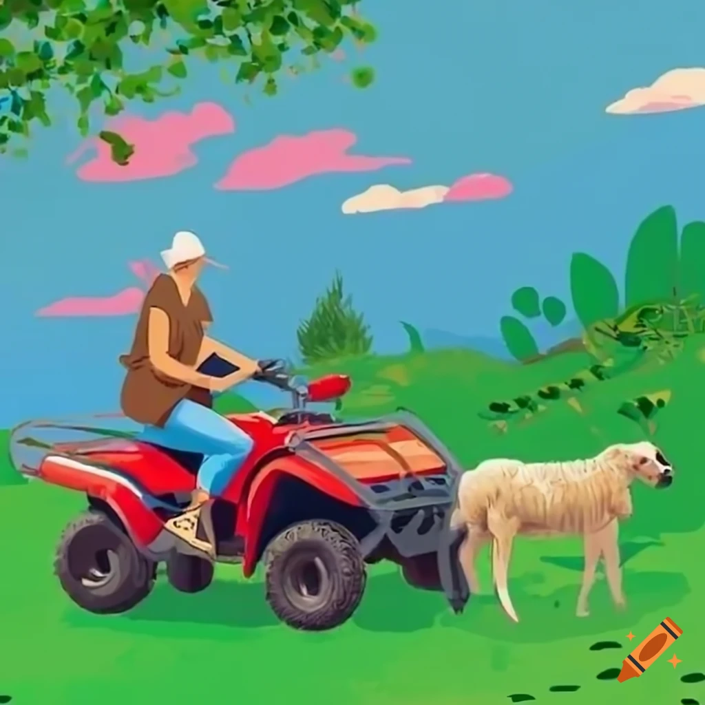 New zealand farmer herding sheep with a dog on a quad bike under a pohutukawa tree in a children ...