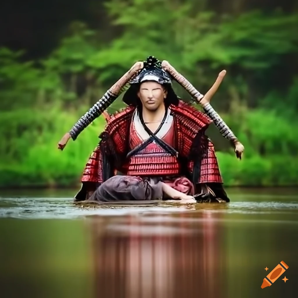 Samurai relaxing in a waterhole on Craiyon