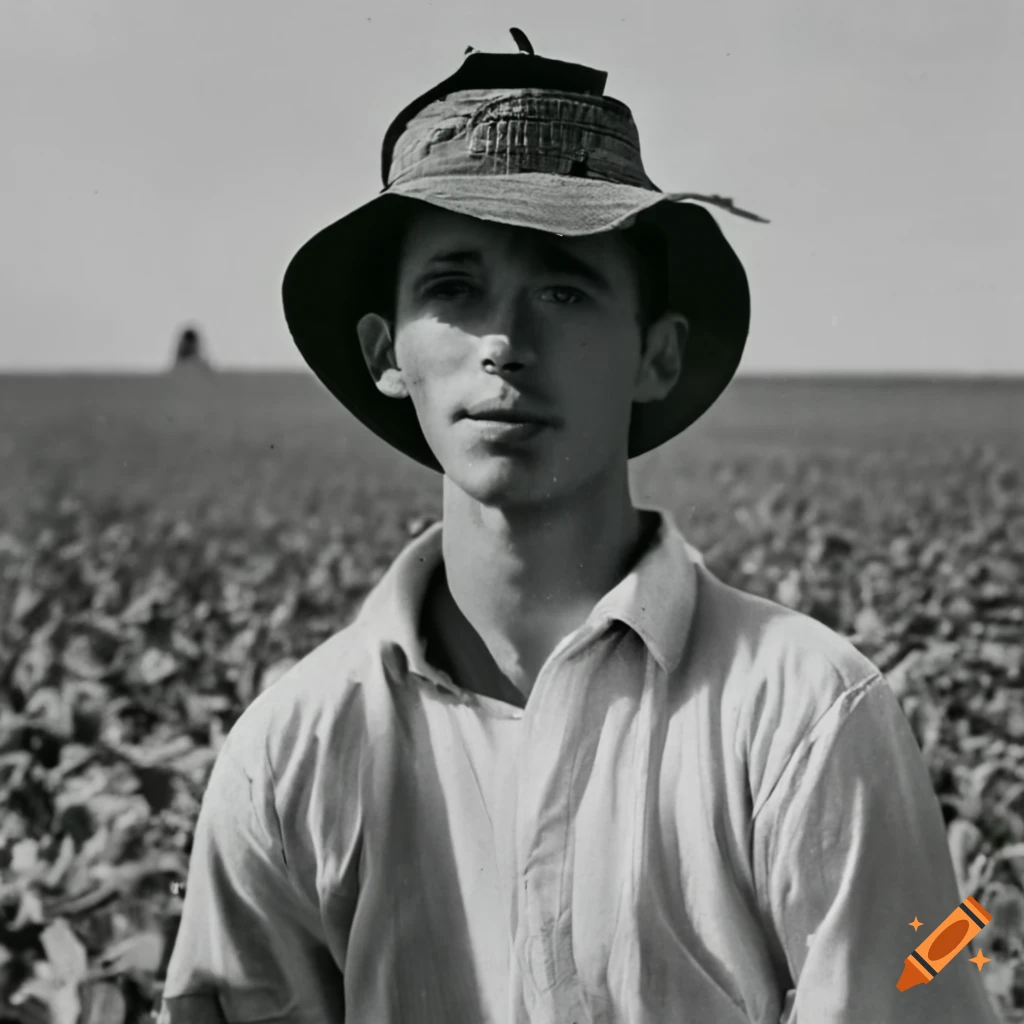 Brown-haired farm worker in white clothes on a kibbutz on Craiyon