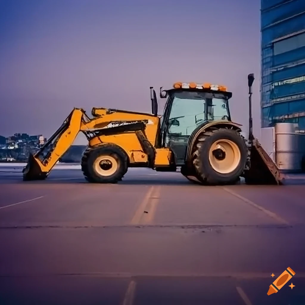 Tractor, backhoe loader, and trailer truck parked in front of a ...