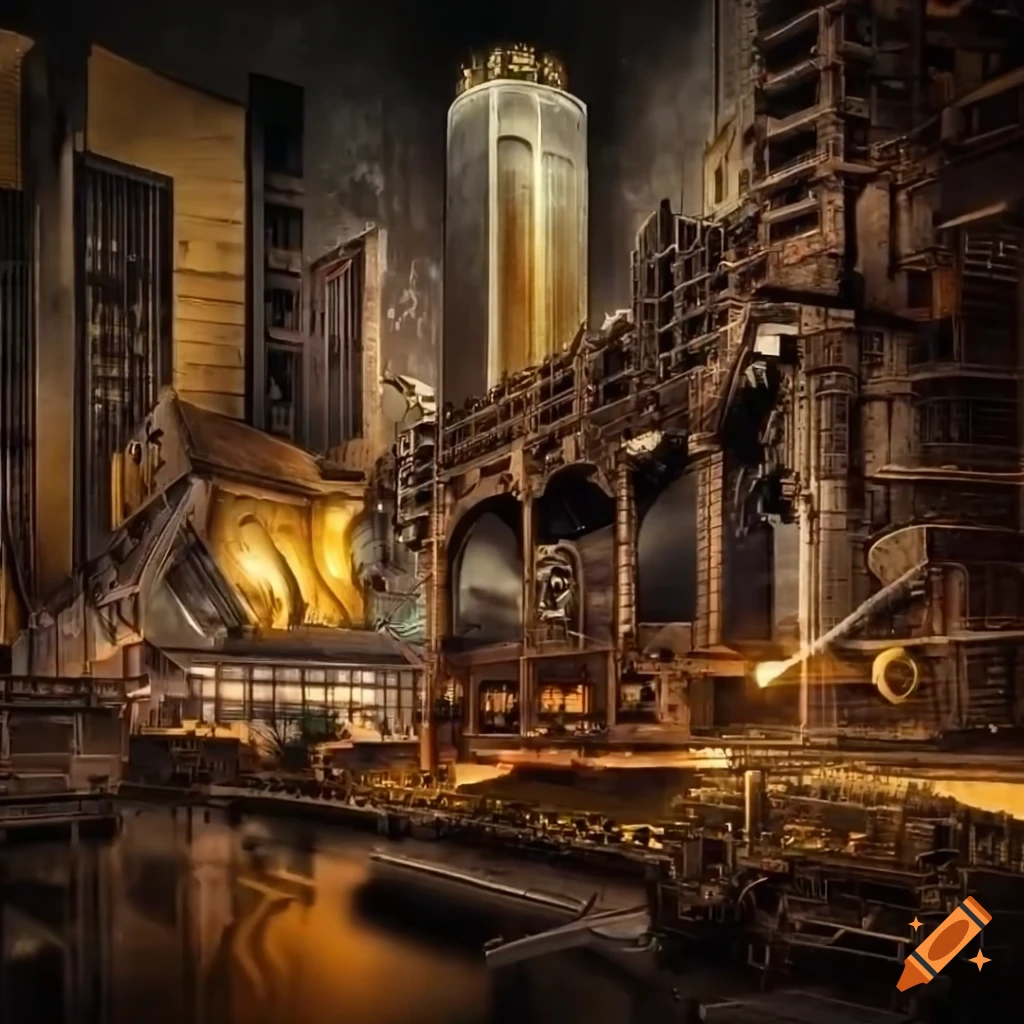 Steampunk futuristic retro city in a cinematic setting on Craiyon
