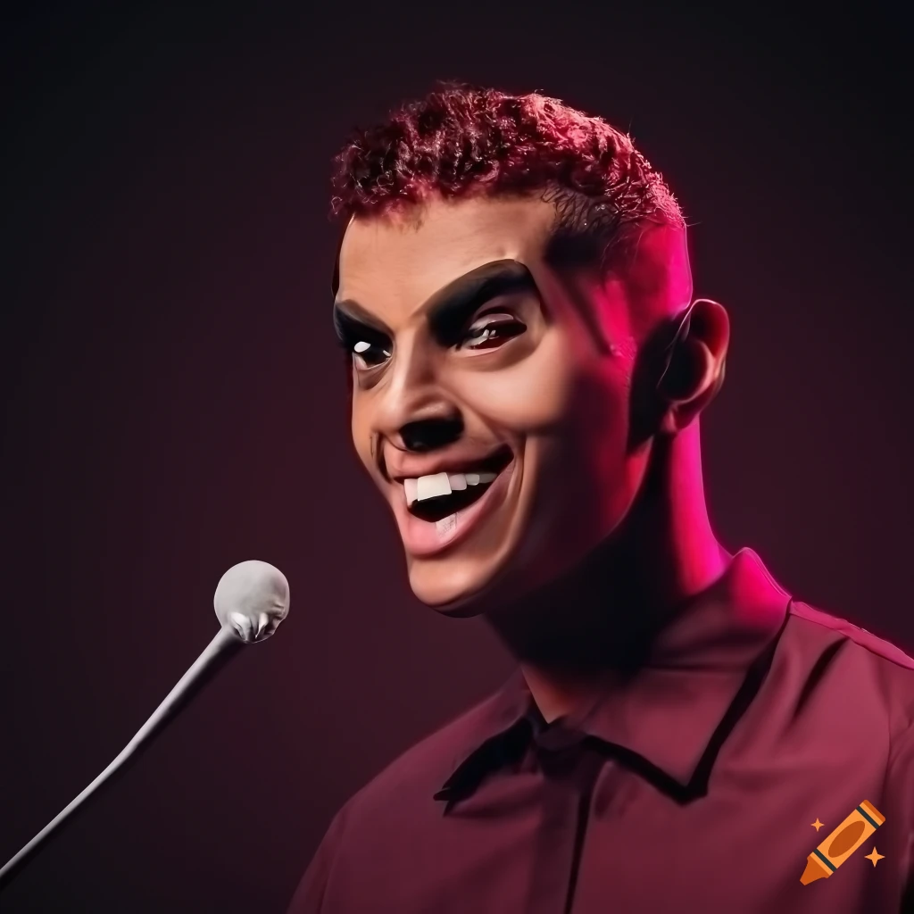 Short wavy maroon hair, brown-skinned humanoid alien man telling a joke ...