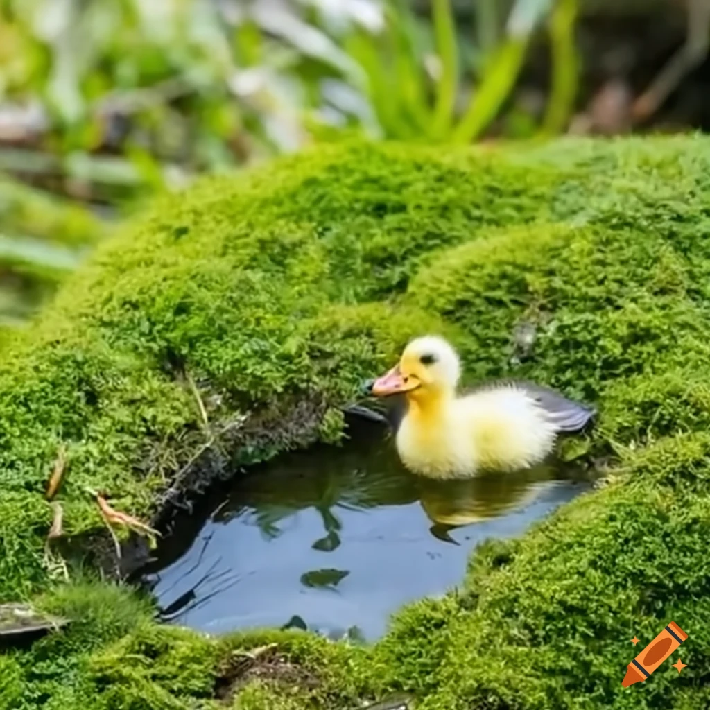 Miniature ducklings swimming near a mossy hobbit house by a lake on Craiyon
