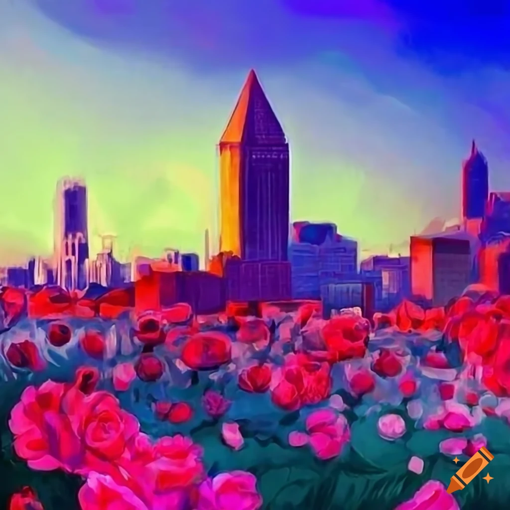City of Detroit in the background with a field of roses in the ...
