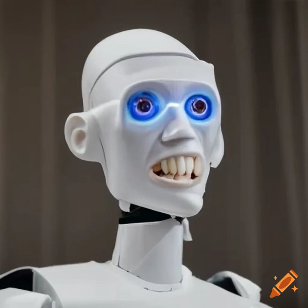 White robot man with buck teeth in a modern setting on Craiyon