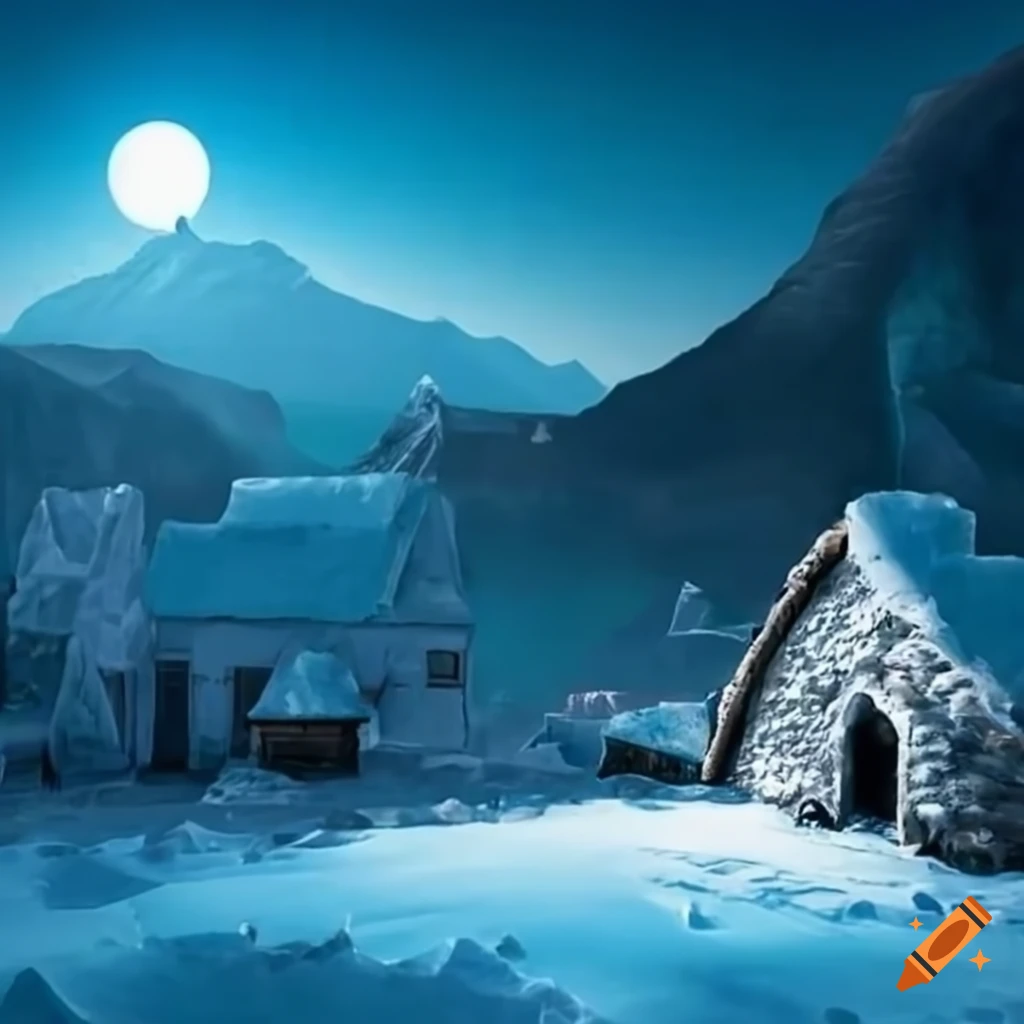 Ice village with medieval architecture surrounded by a mountain on Craiyon