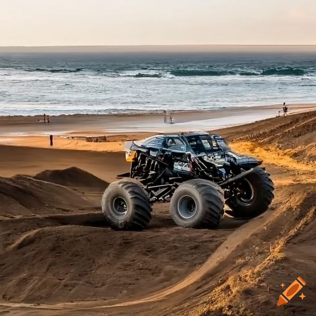Monster truck on a highway with beach, sunrise, and mountains in aerial ...