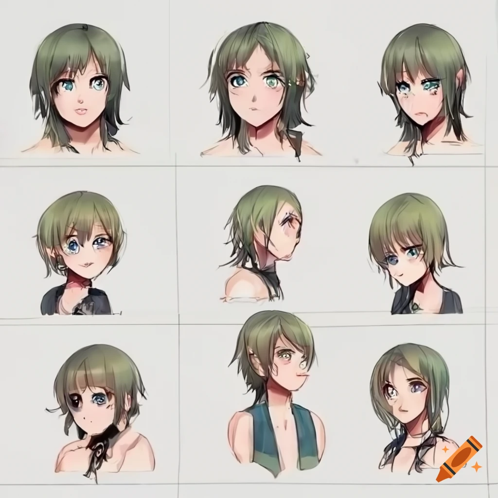 Anime girl character reference sheet with short messy hair, full body ...