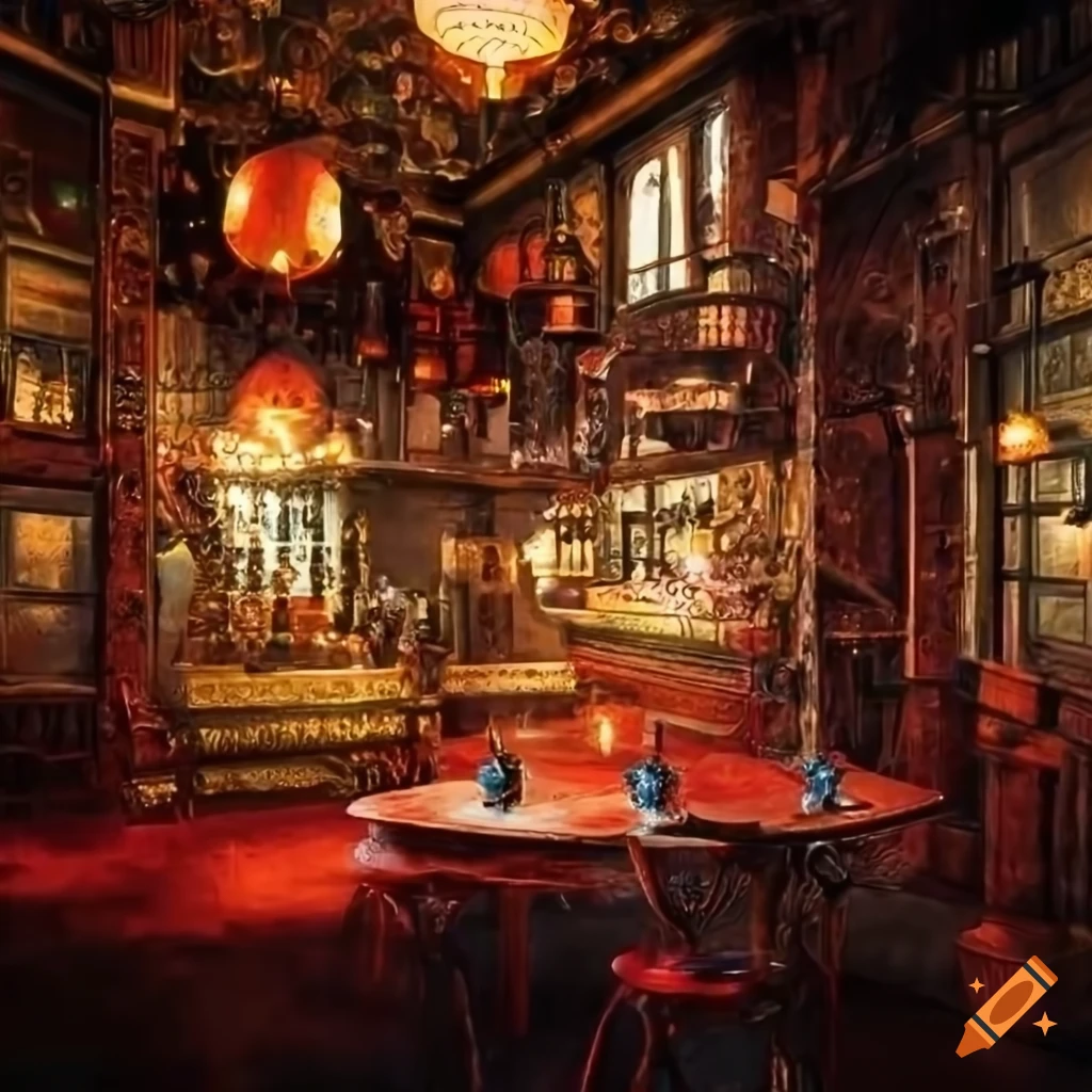 Elaborate and vibrant tavern interior with colorful lanterns and gems ...