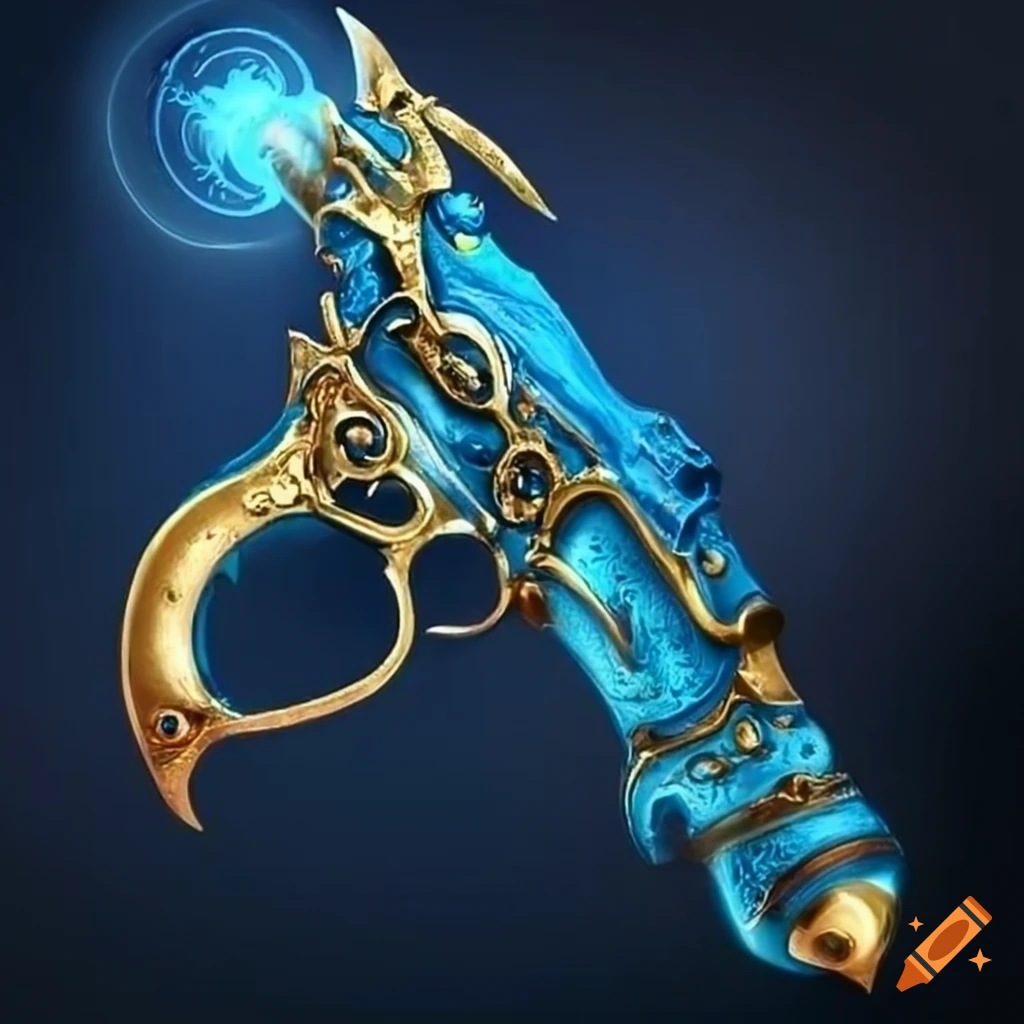 Deep blue fantasy pistol with gold decorations on Craiyon
