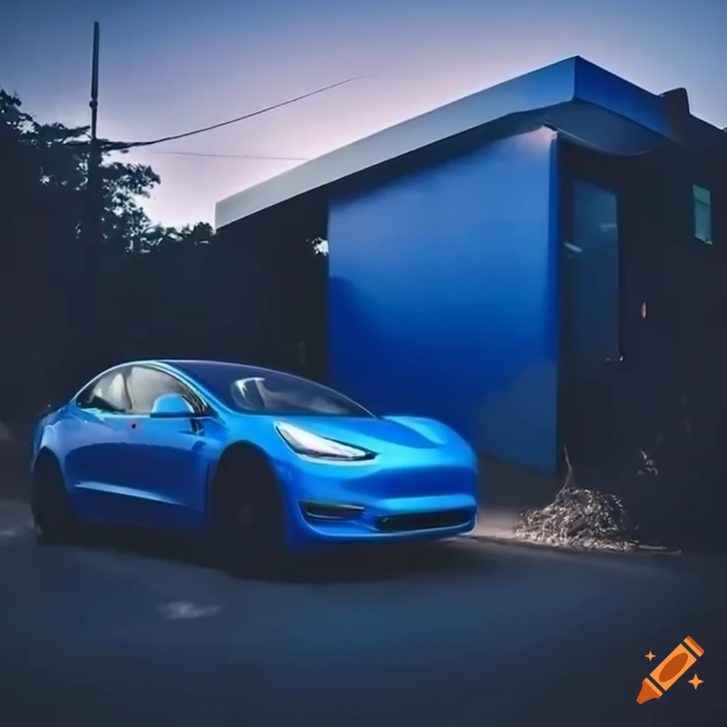 Blue Tesla Model 3 Performance parked outside a modern sleek house on ...