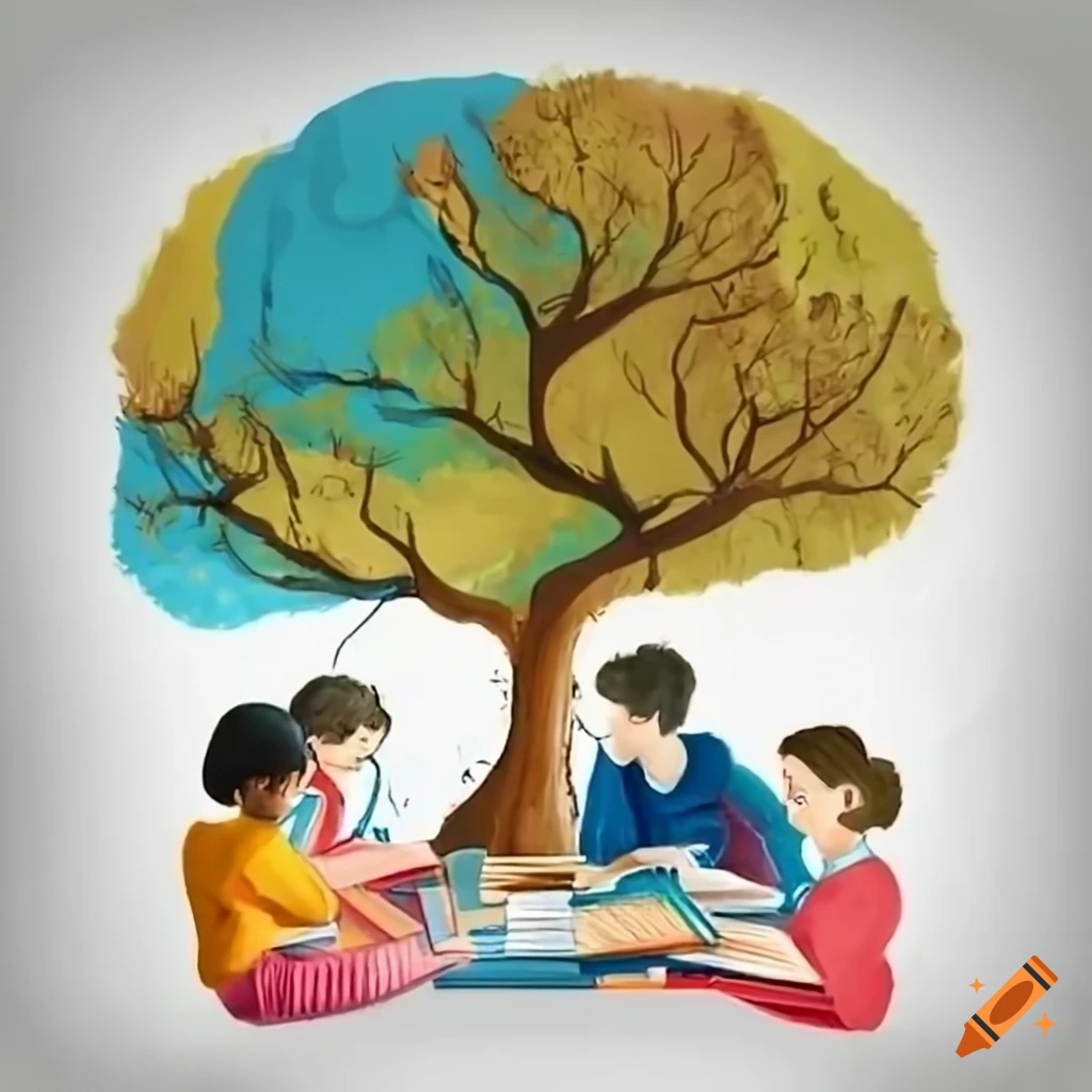 Teacher and students studying happily under a tree on Craiyon