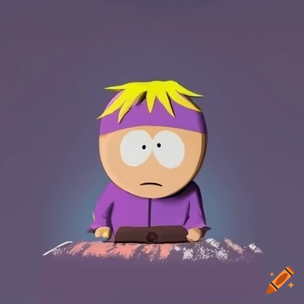 Butters wearing a purple sweatshirt with a stove in his hand on Craiyon