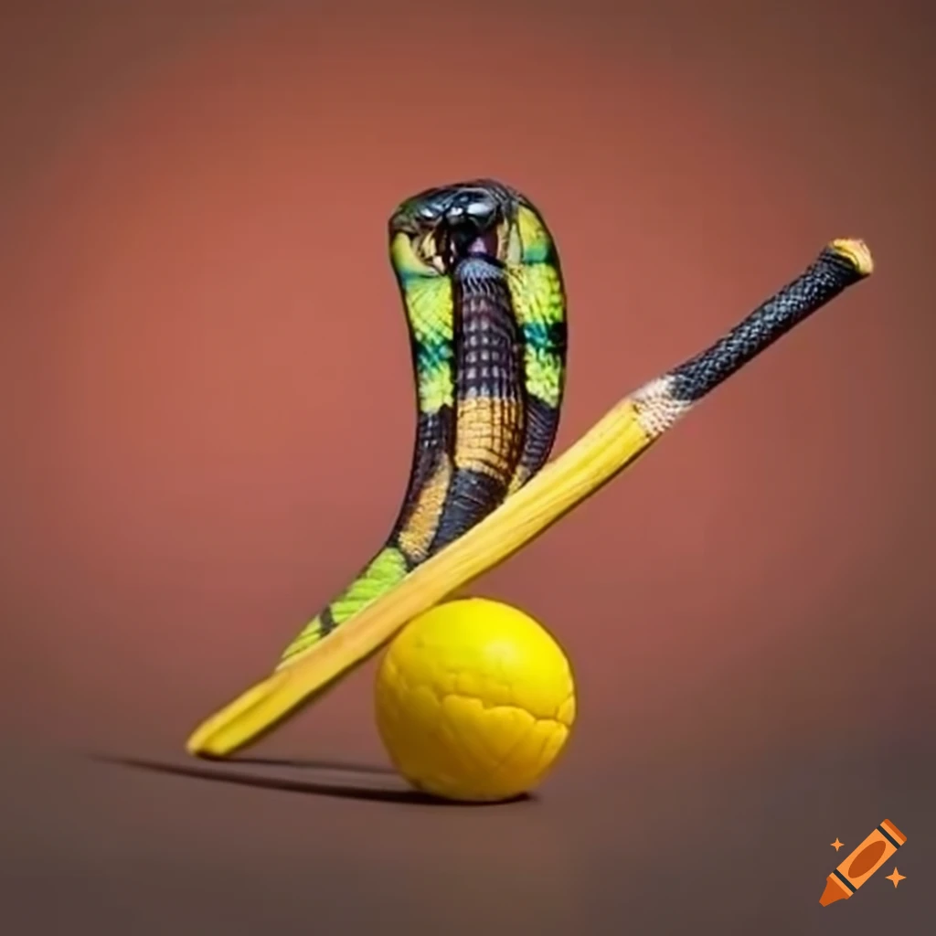 Vibrant cobra coiled on a cricket bat near a yellow cricket ball on Craiyon