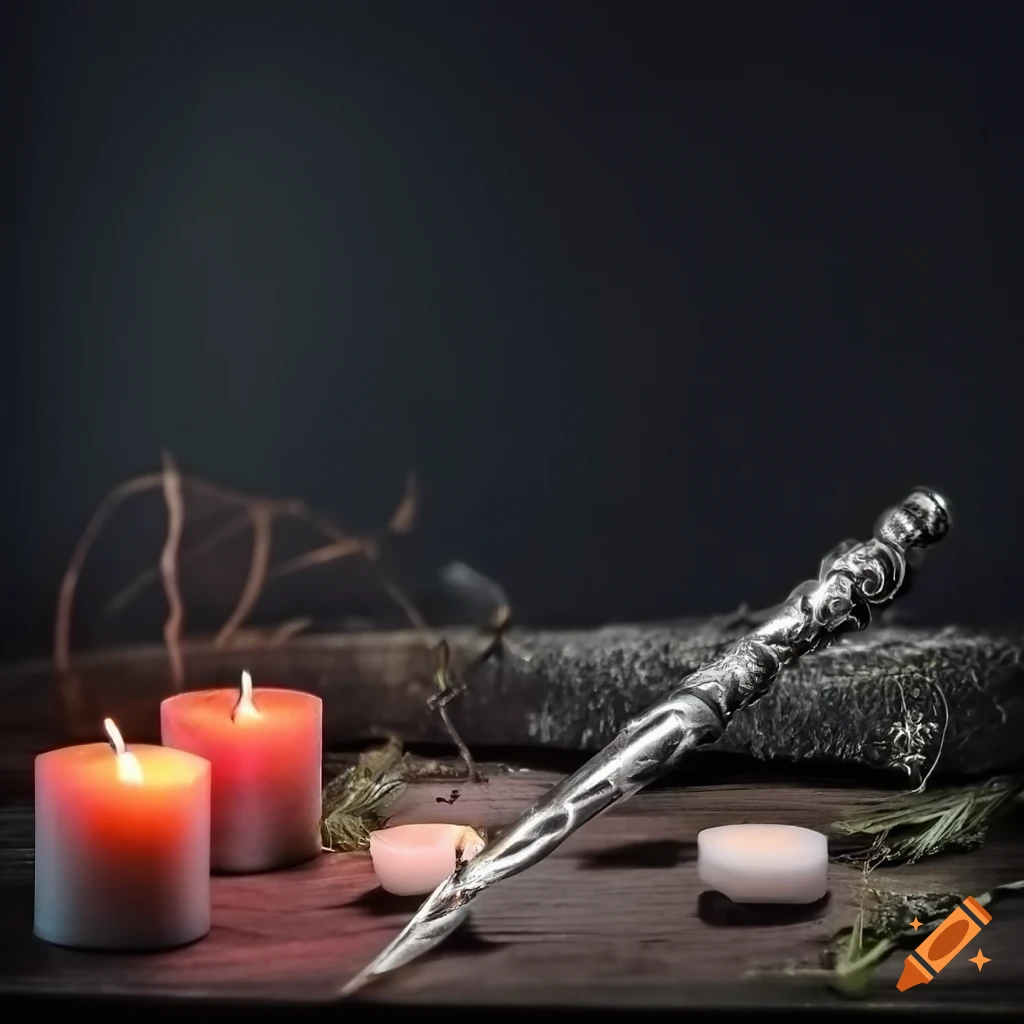 Magic wand on a rustic table with herbs and candles in dim candlelight ...