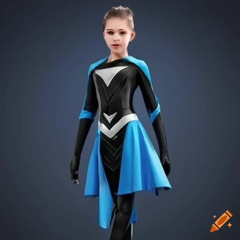Hero girl in blue and black hero suit with skirt on Craiyon