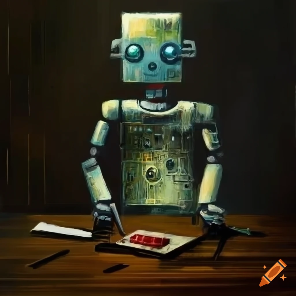 Canvas painting robot writing code matrix-style on the table on Craiyon