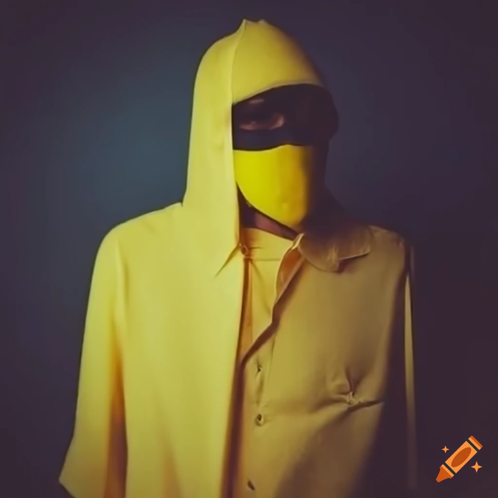 Man in yellow shirt wearing a mask with a bold and ominous expression ...