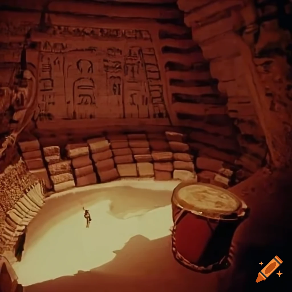 1970's documentary footage of an underground pyramid with bongo drums ...