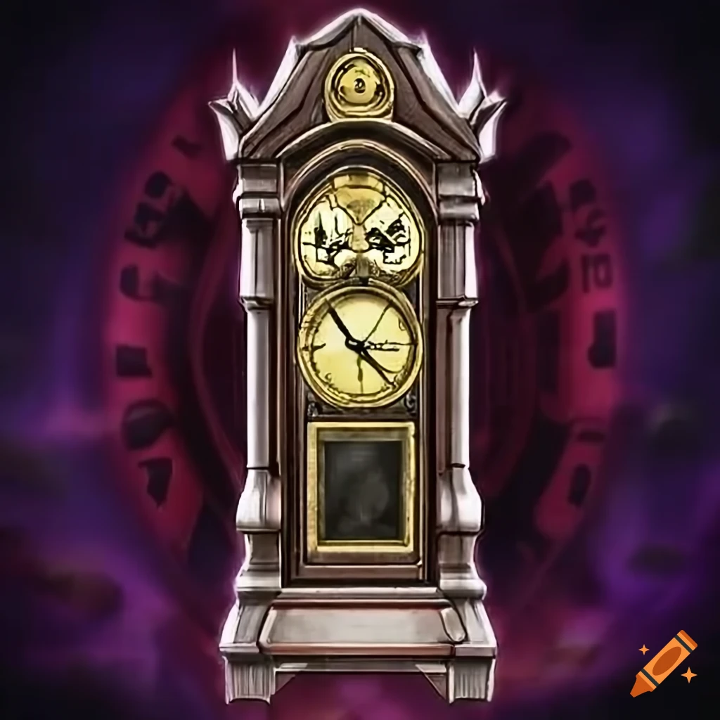 Grandfather clock inspired by yugioh card style, detailed design on Craiyon