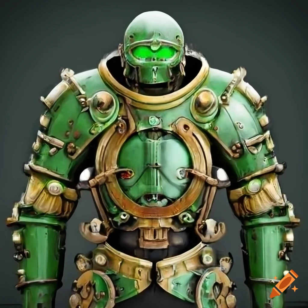 Steampunk power armor in green, yellow, and black with a Victorian ...
