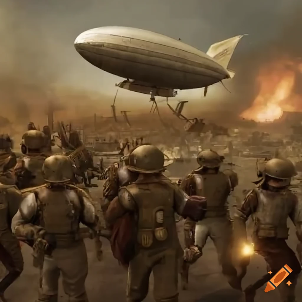 Epic steampunk battle scene with airships and ground troops on Craiyon