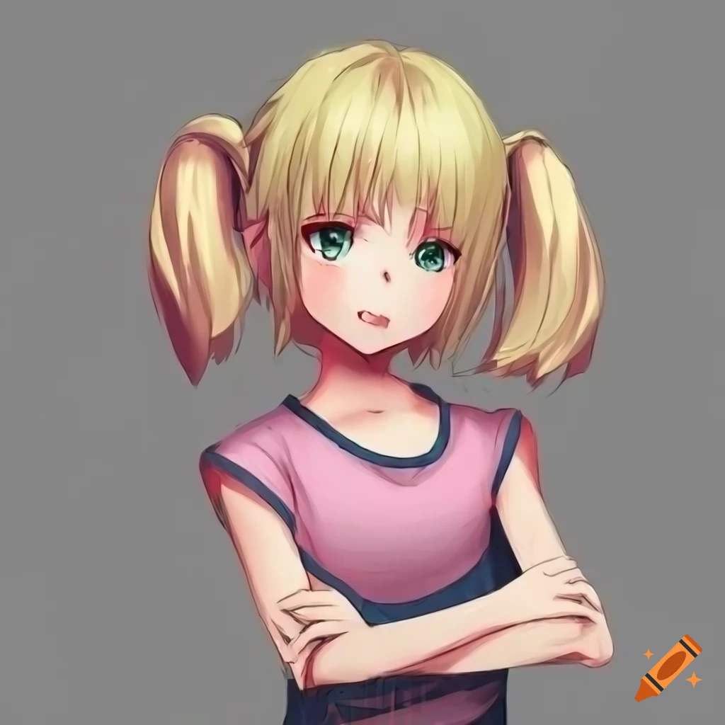 Anime Girl With Blonde Hair And Green Eyes In A Pink Sleeveless T Shirt