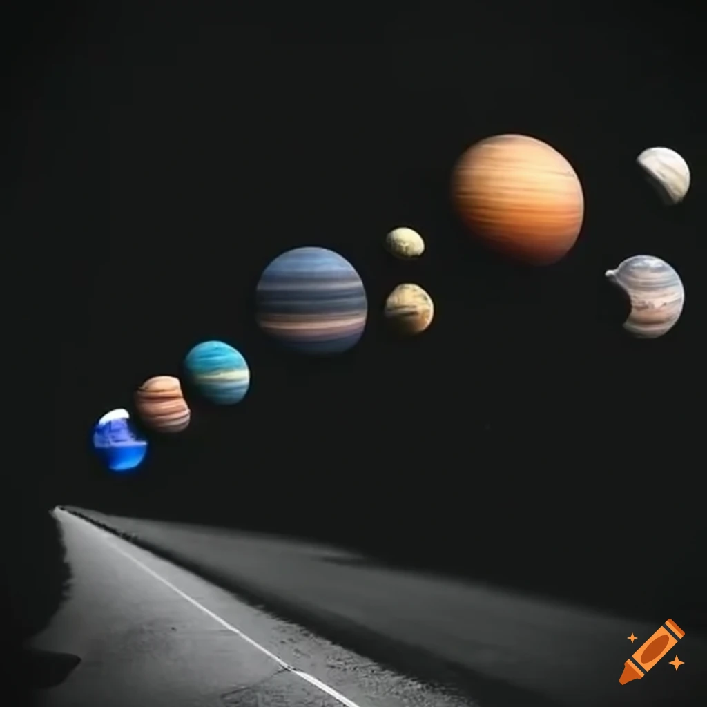 Eight planets of the solar system aligned along a road on Craiyon