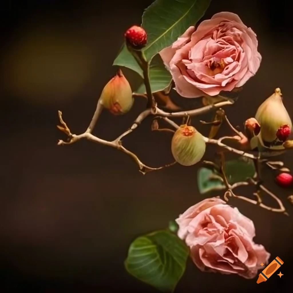 Decadent tree branch with ripe figs and fragrant roses on Craiyon