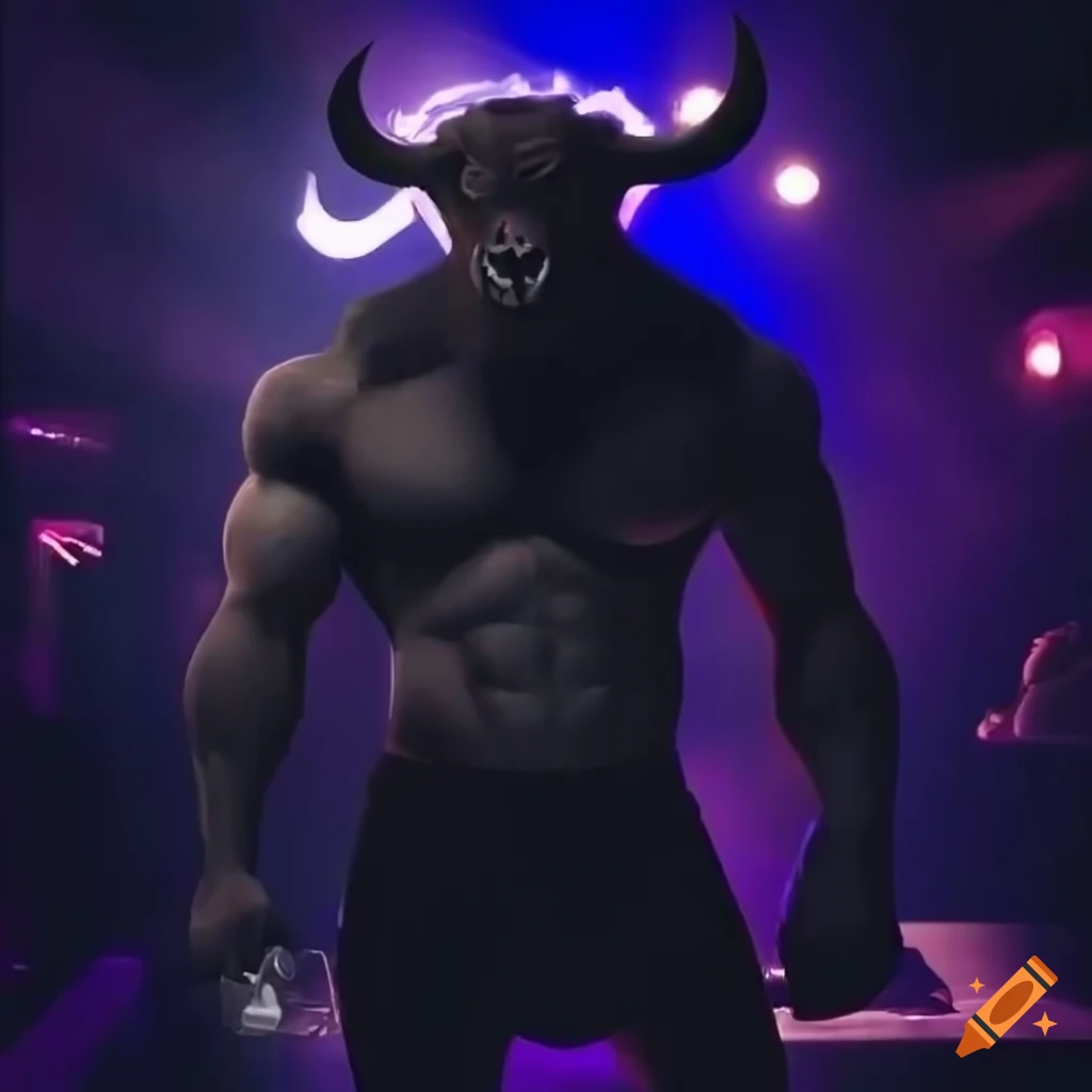 Fierce minotaur in a black turtleneck sweater at a nightclub on Craiyon
